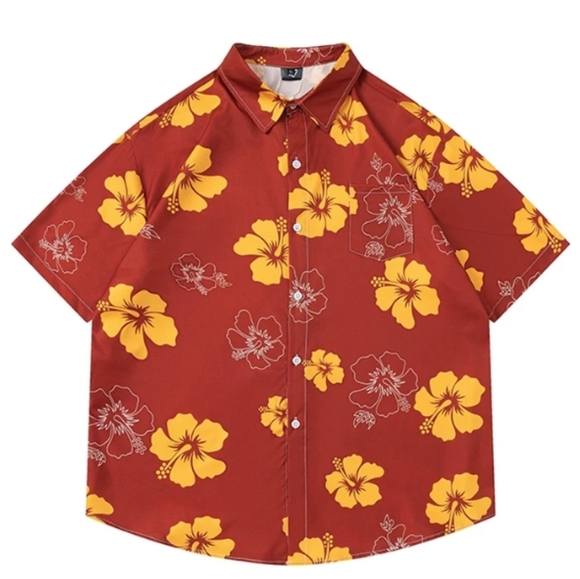 None | Tops | Red Hibiscus Print Hawaiian Shirt | Poshmark